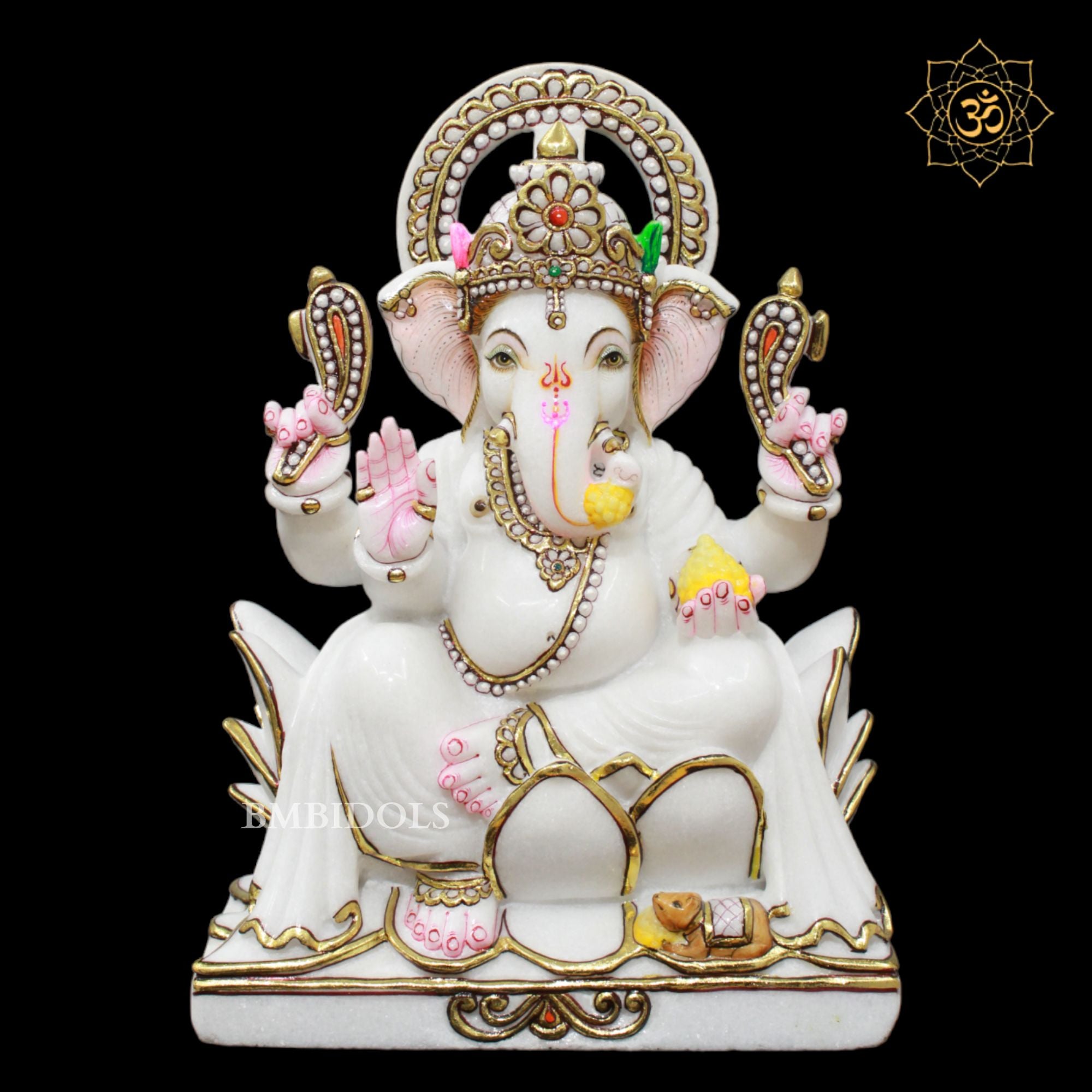 Marble Ganesh Murti in Marble on the Lotus for Homes – BMBIDOLS